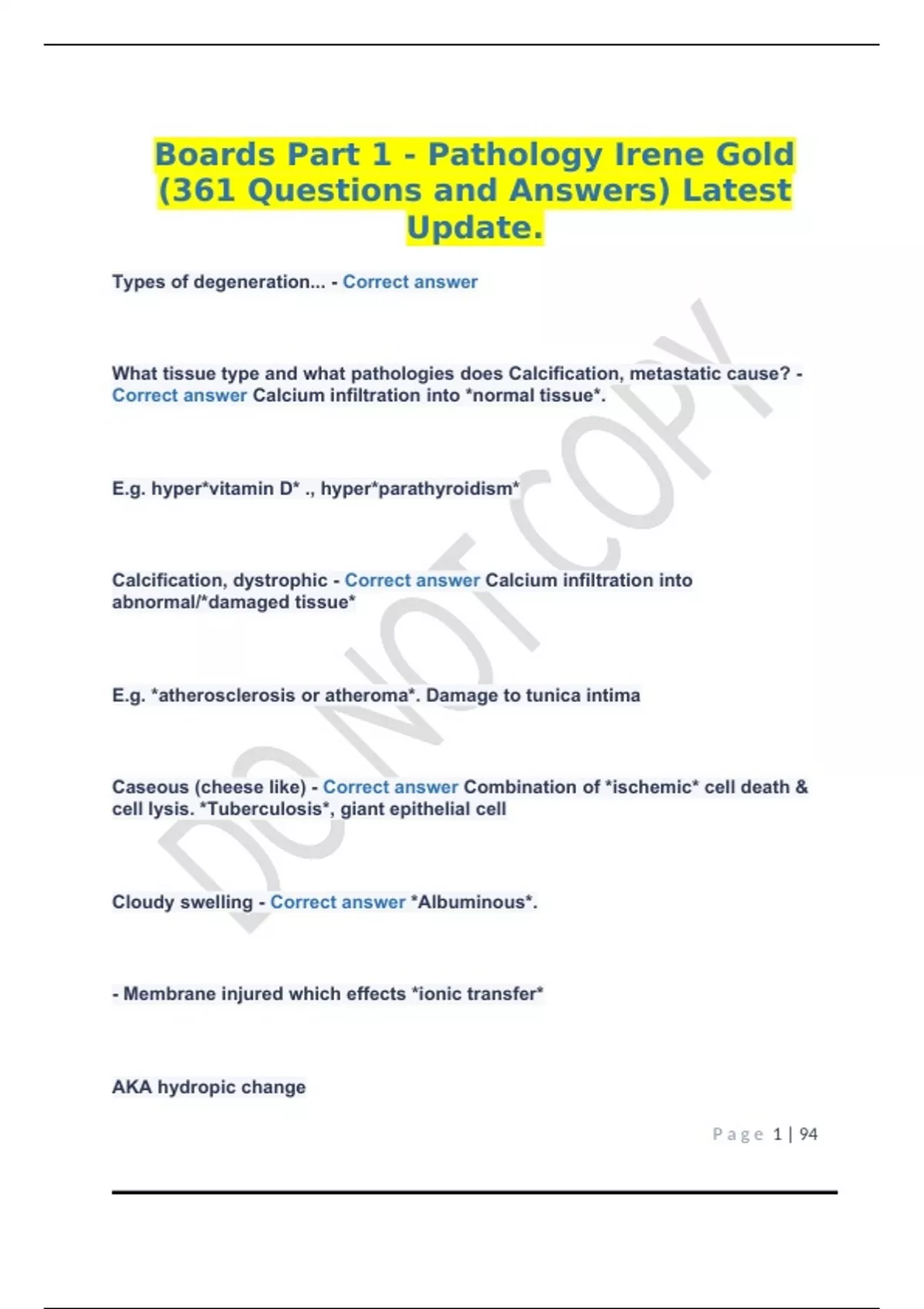 Boards Part 1 - Pathology Irene Gold (361 Questions and Answers) Latest ...