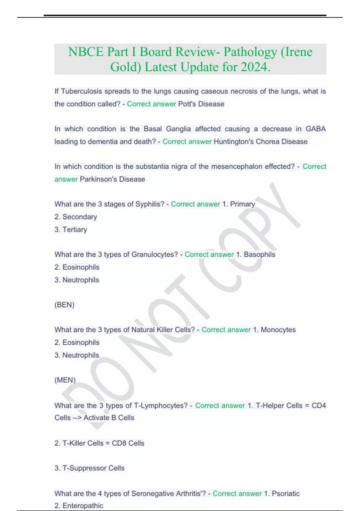 NBCE Part I Board Review- Pathology (Irene Gold) Latest Update for 2024 ...