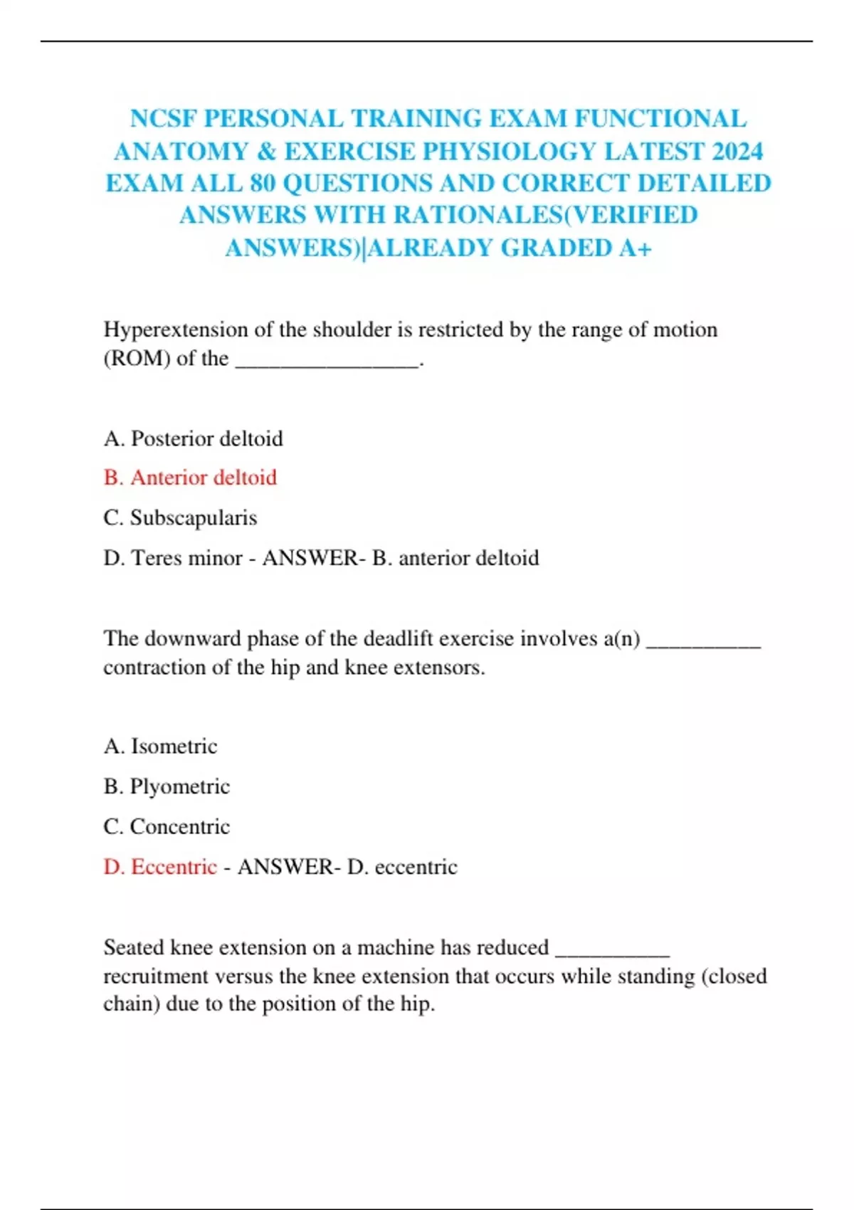 NCSF PERSONAL TRAINING EXAM FUNCTIONAL ANATOMY & EXERCISE PHYSIOLOGY ...