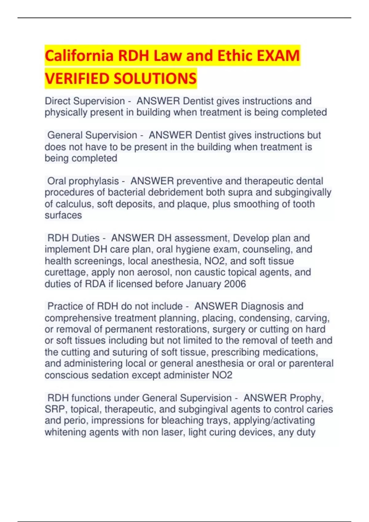 California RDH Law and Ethic EXAM VERIFIED SOLUTIONS - California RDH ...