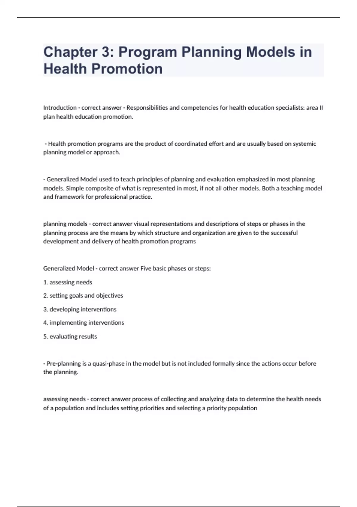Chapter 3: Program Planning Models in Health Promotion fully solved 2023/2024 - Health Promotion ...