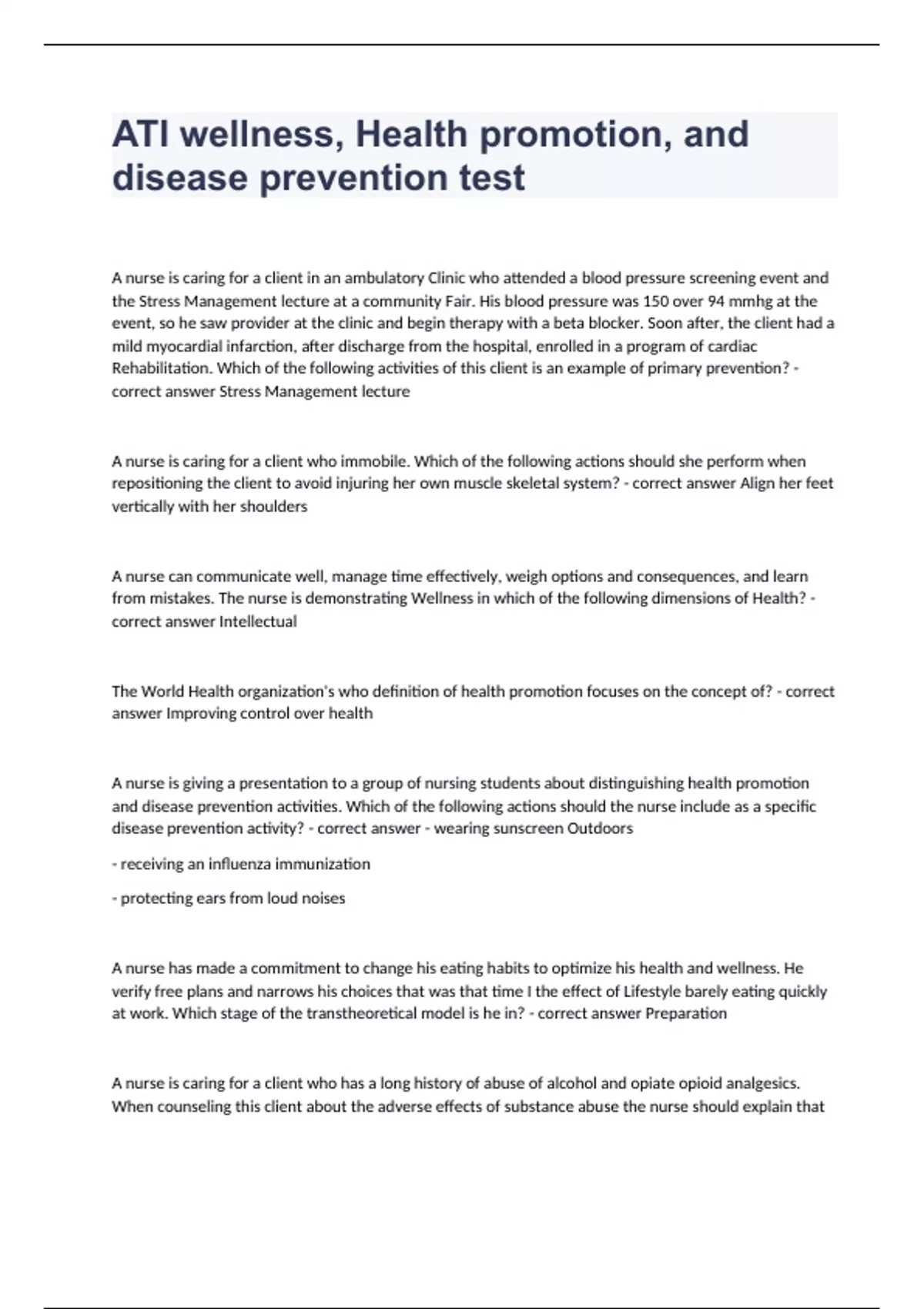 ATI wellness, Health promotion, and disease prevention test question n ...