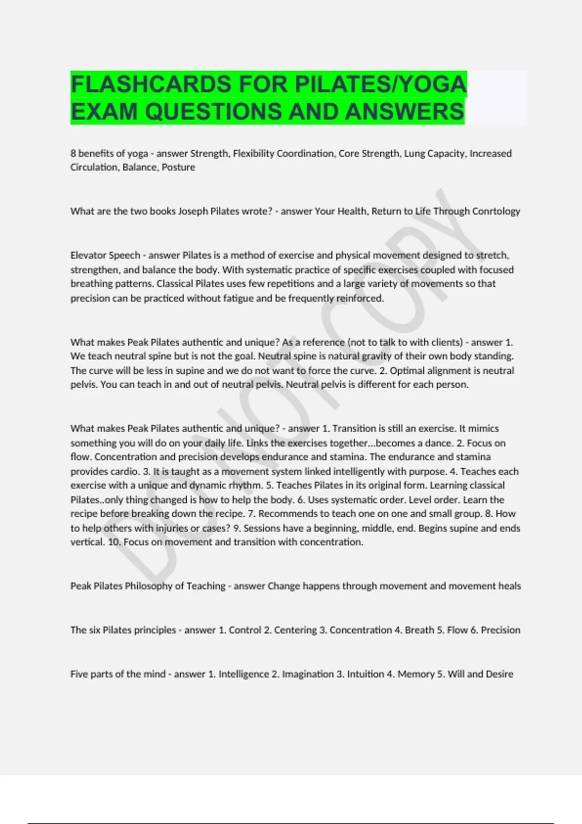 FLASHCARDS FOR PILATES YOGA EXAM QUESTIONS AND ANSWERS. - PEAK PILATES ...
