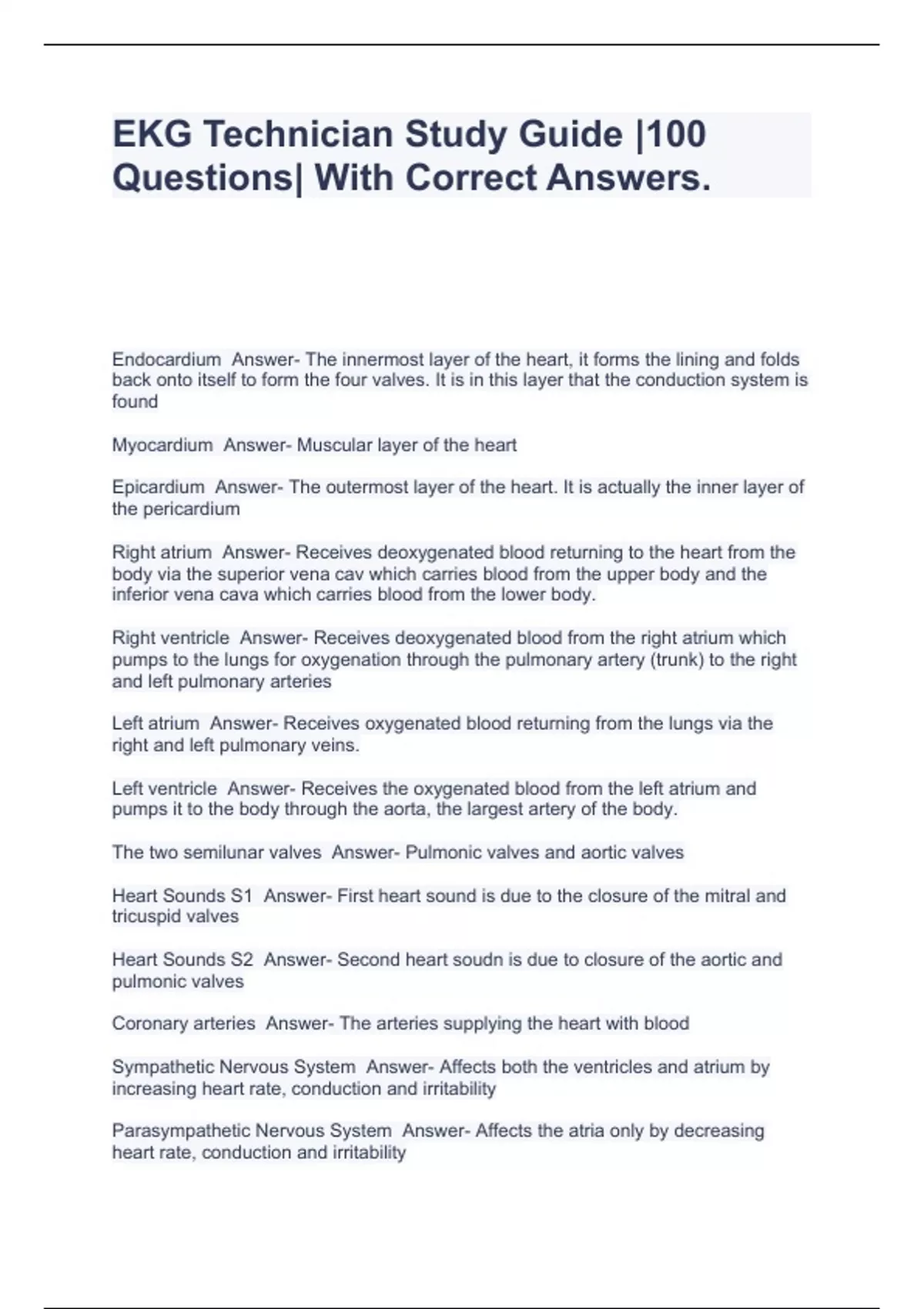 EKG Technician Study Guide |100 Questions| With Correct Answers. - EKG ...