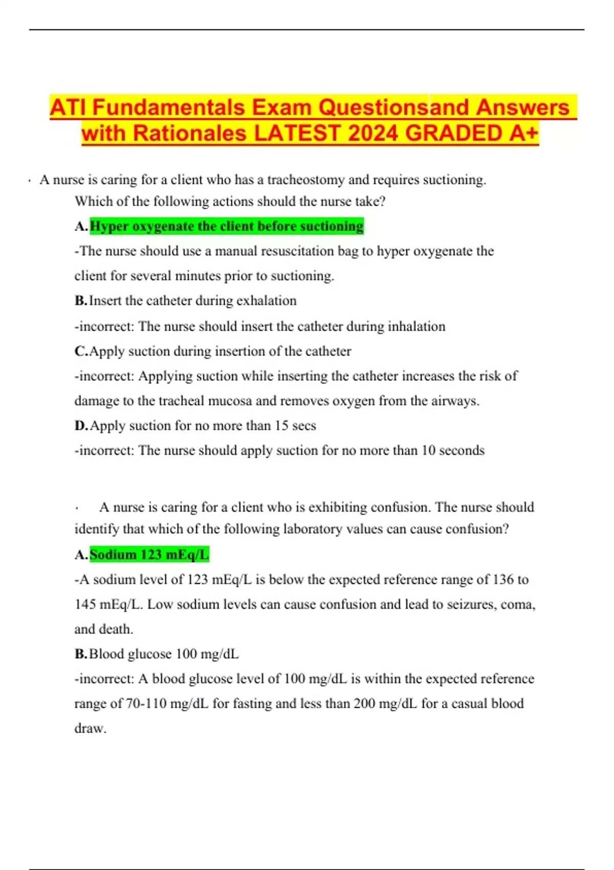 ATI Fundamentals Exam Questions and Answers with Rationales LATEST 2024 ...