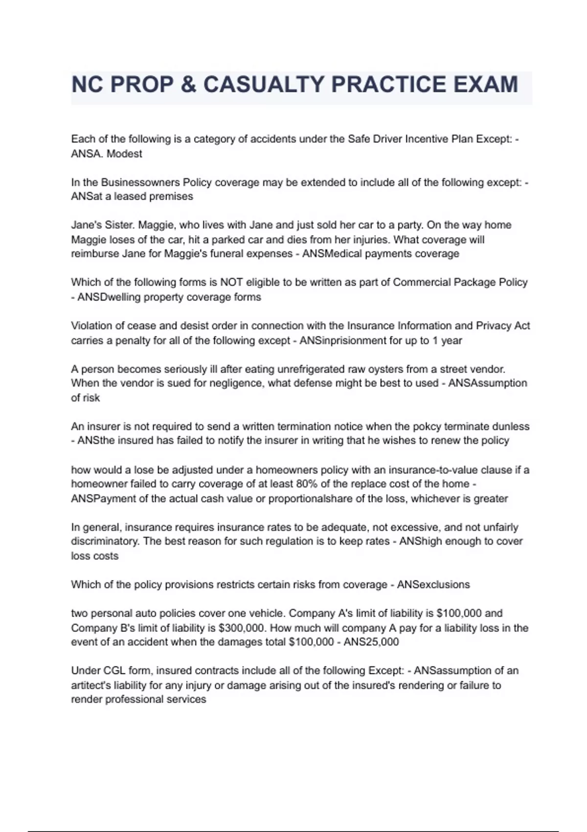 NC PROP & CASUALTY PRACTICE EXAM 2024/2025 already graded A+ - Pearson ...