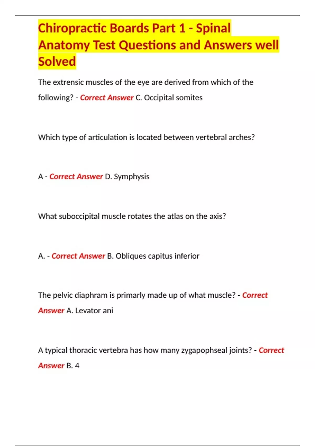 Chiropractic Boards Part 1 - Spinal Anatomy Test Questions and Answers ...