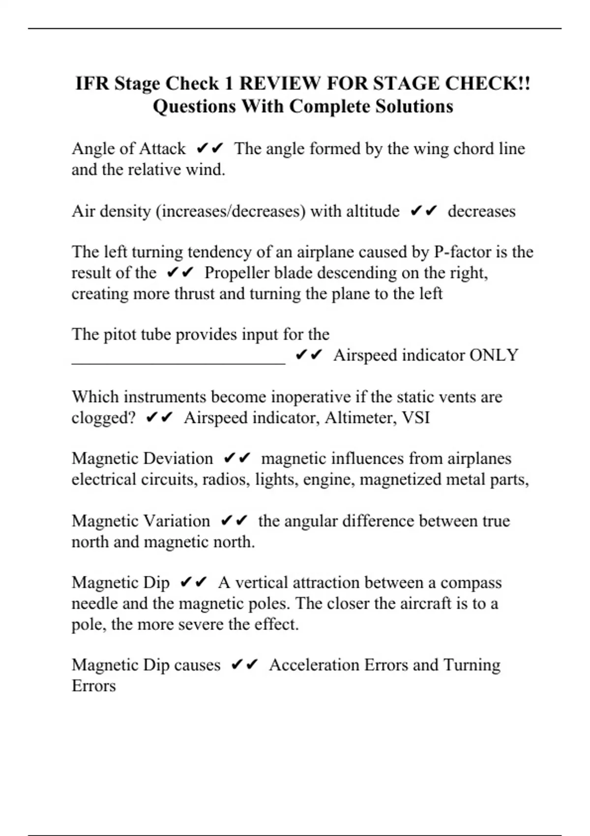 IFR Stage Check 1 REVIEW FOR STAGE CHECK!! Questions With Complete ...