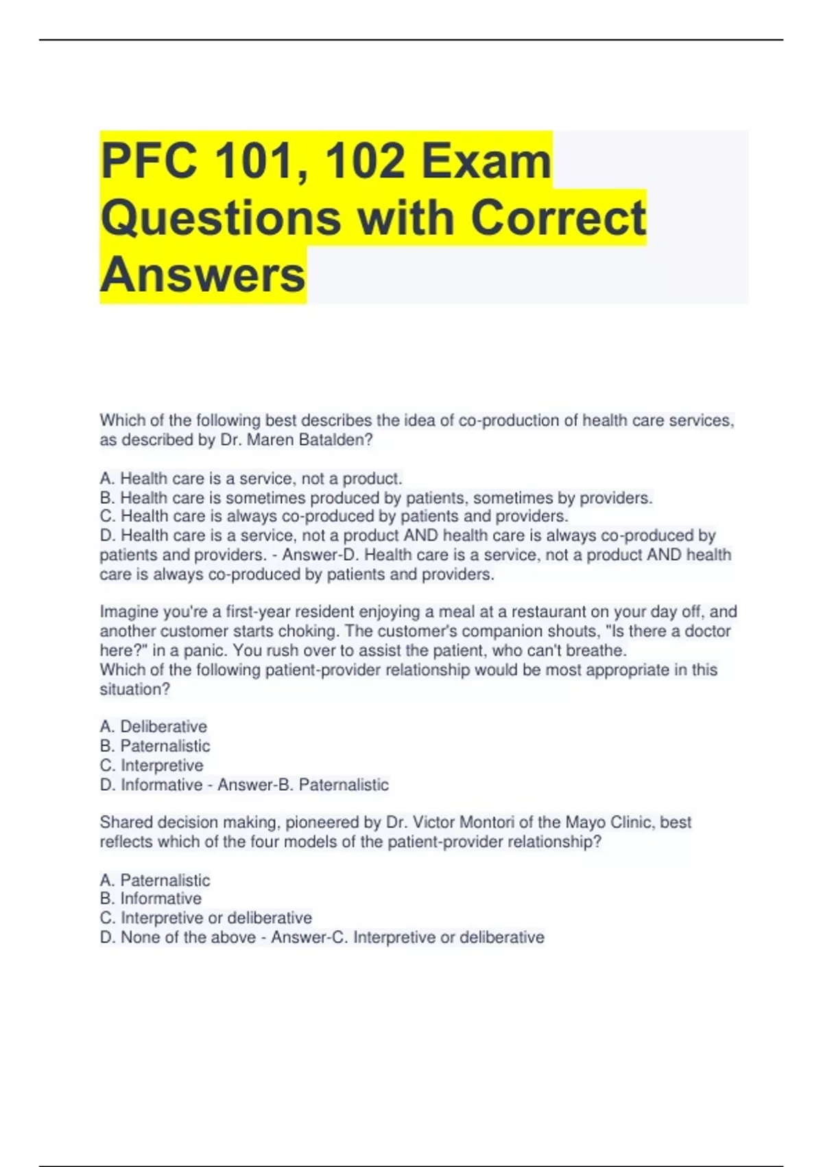 PFC 101, 102 Exam Questions with Correct Answers - PFC 101, 102 - Stuvia US