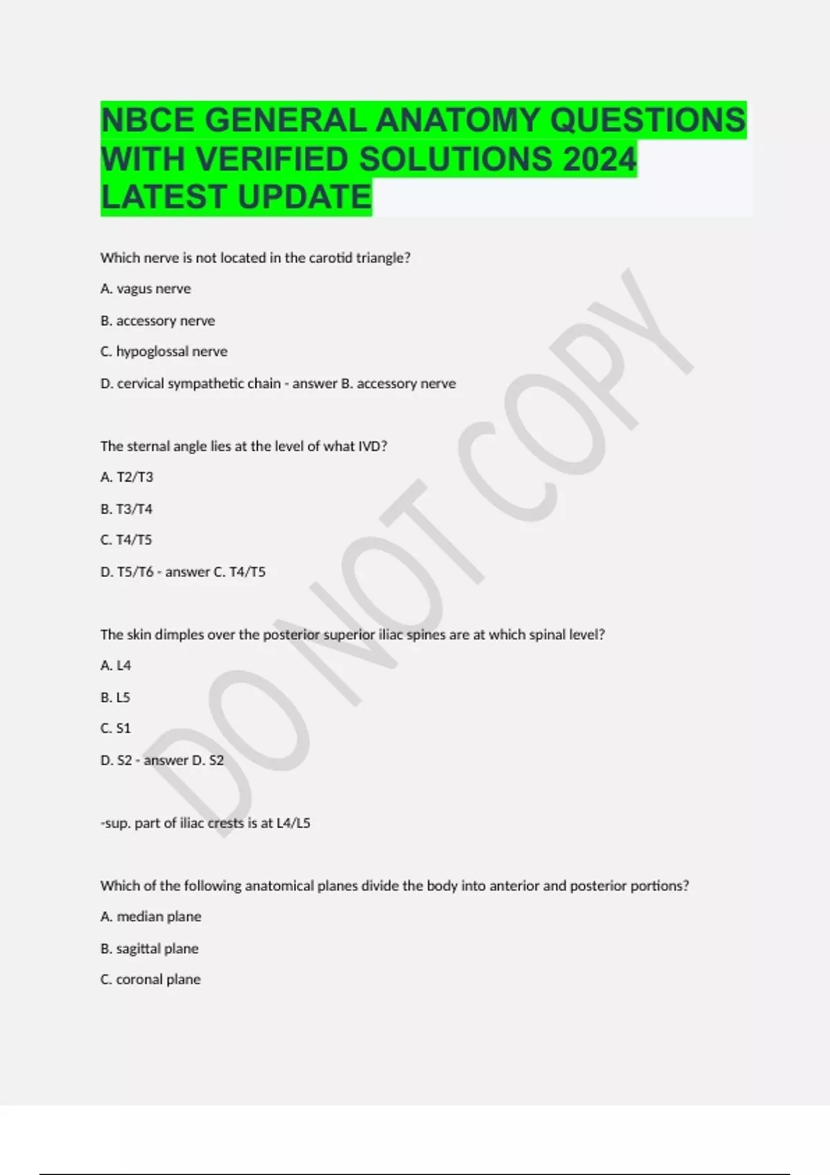 NBCE GENERAL ANATOMY QUESTIONS WITH VERIFIED SOLUTIONS 2024 LATEST ...