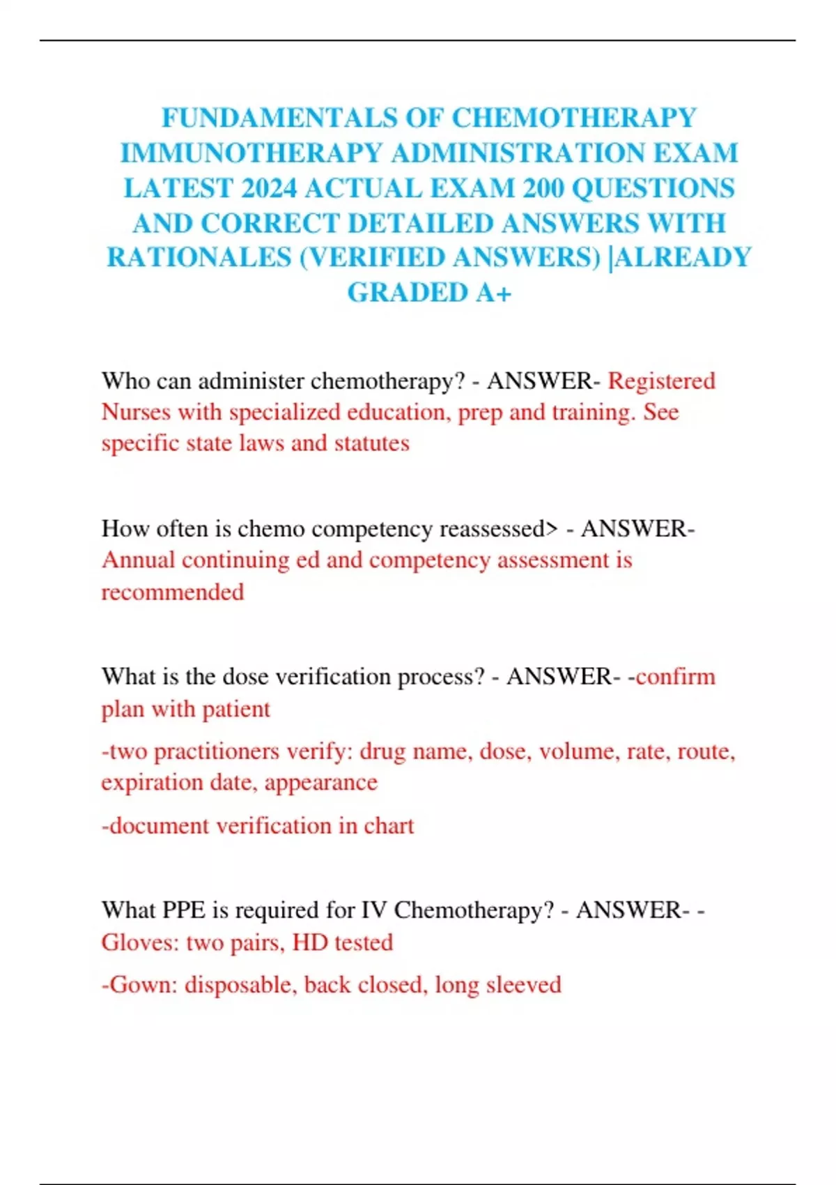 FUNDAMENTALS OF CHEMOTHERAPY IMMUNOTHERAPY ADMINISTRATION EXAM LATEST ...