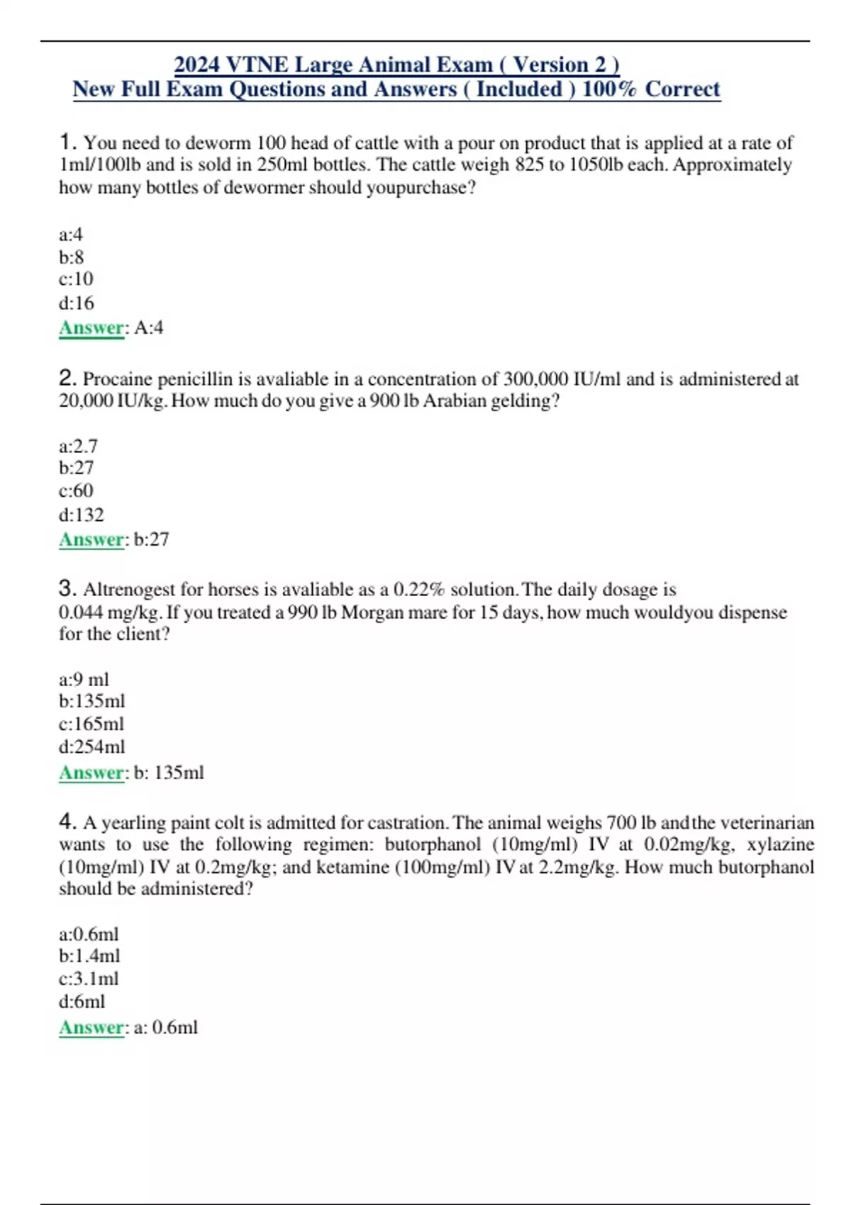 2024 VTNE Large Animal Exam ( Version 2 ) New Full Exam Questions and ...