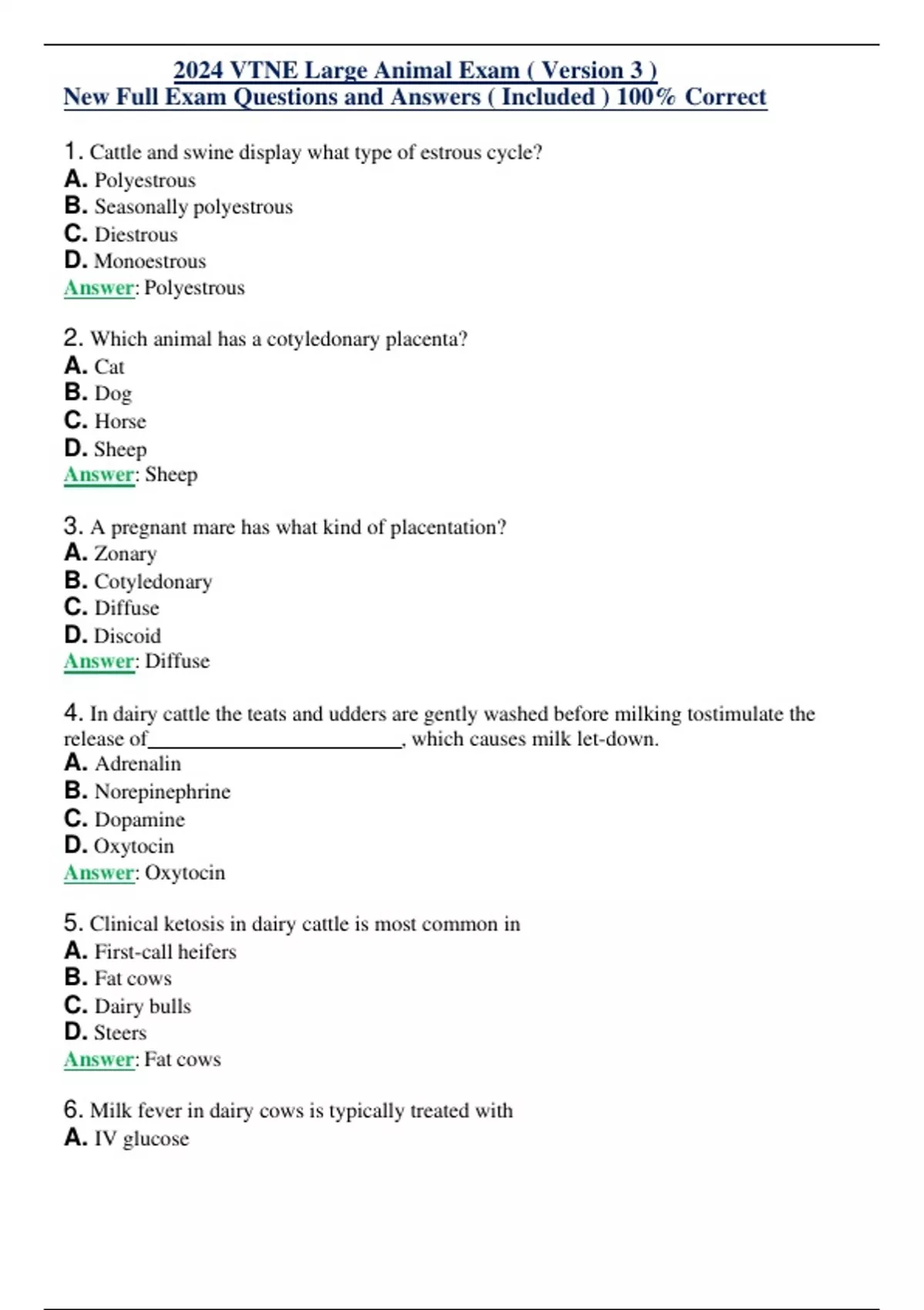 2024 VTNE Large Animal Exam ( Version 3 ) New Full Exam Questions and ...