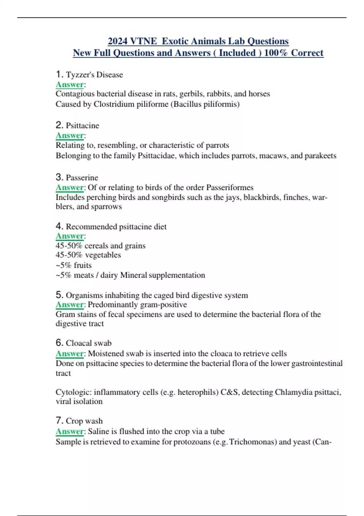 2024 VTNE Exotic Animals Lab Questions New Full Questions and Answers ...
