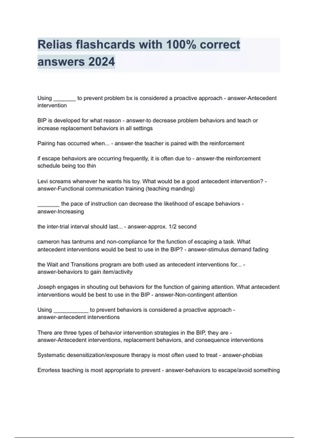 Relias flashcards with 100% correct answers 2024 - Relias flashcards ...