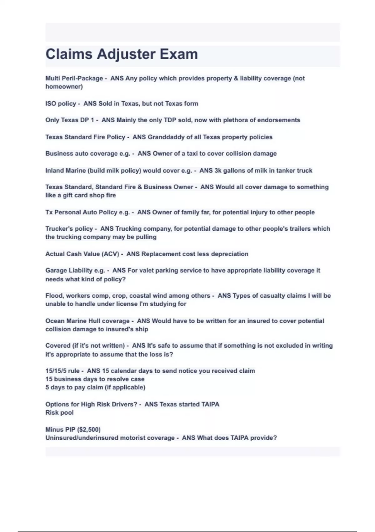 Claims Adjuster Exam Questions with correct Answers 2024( A+ GRADED 100 ...