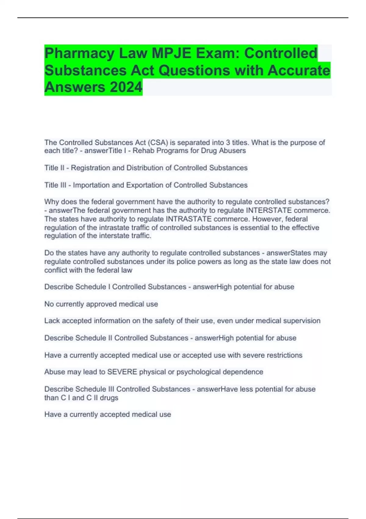 Pharmacy Law MPJE Exam: Controlled Substances Act Questions with ...