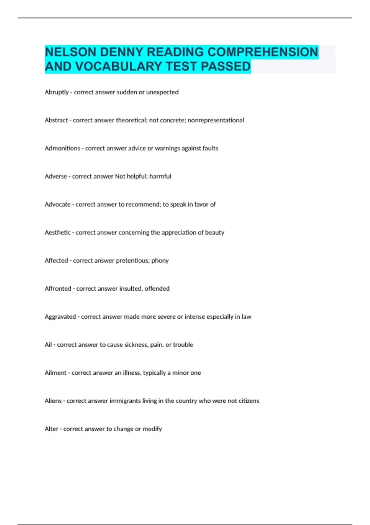 NELSON DENNY READING COMPREHENSION AND VOCABULARY TEST PASSED - Nelson ...