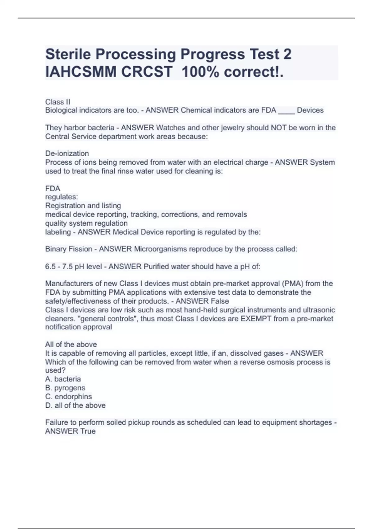 Sterile Processing Progress Test 2 IAHCSMM CRCST 100% correct ...