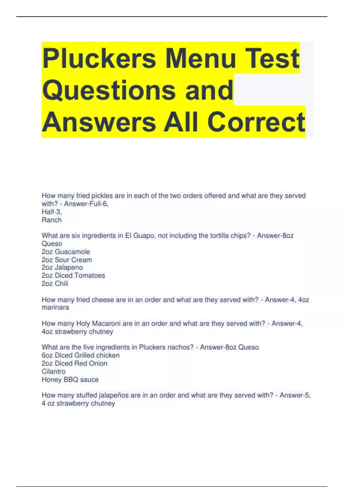 Pluckers Menu Test Questions and Answers All Correct - Pluckers Menu ...