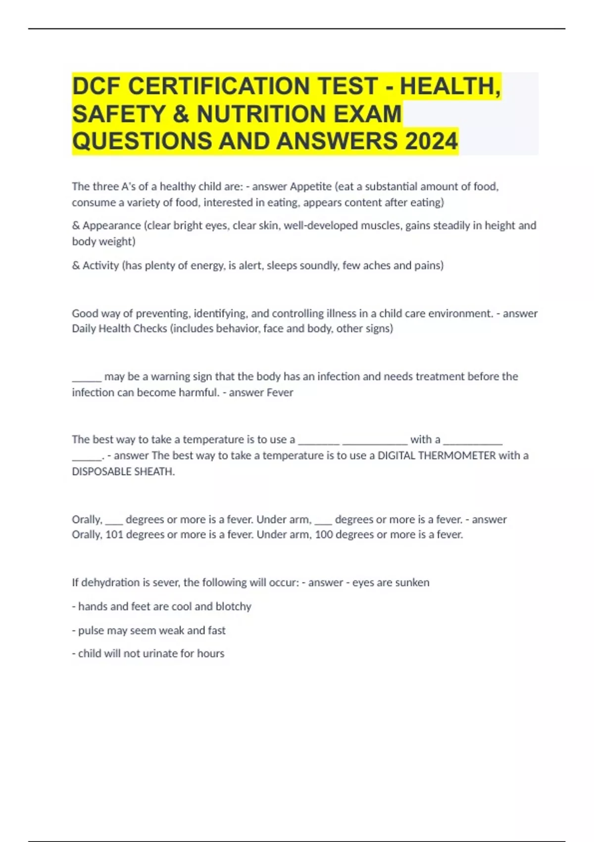 DCF CERTIFICATION TEST - HEALTH, SAFETY & NUTRITION EXAM QUESTIONS AND ...