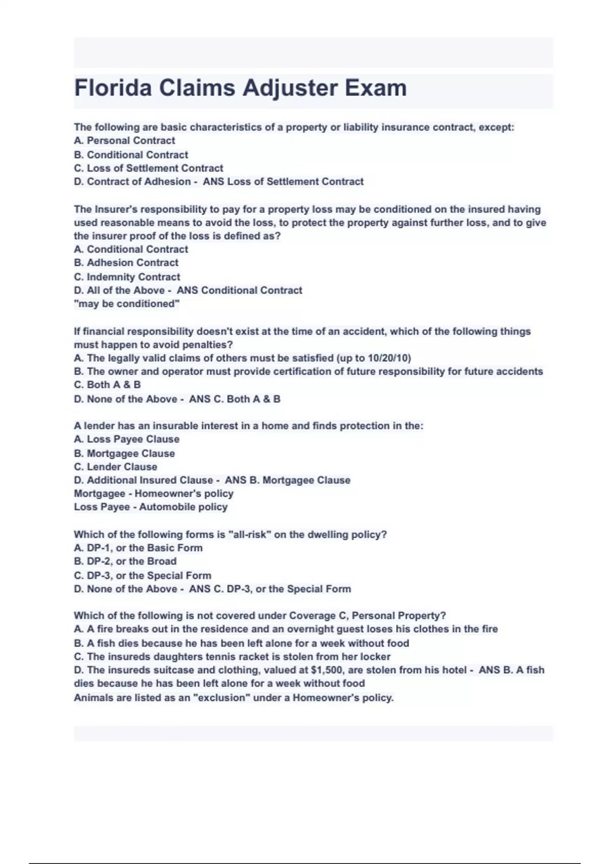 Florida Claims Adjuster Exam Questions and Answers Latest Updates 2024 ...