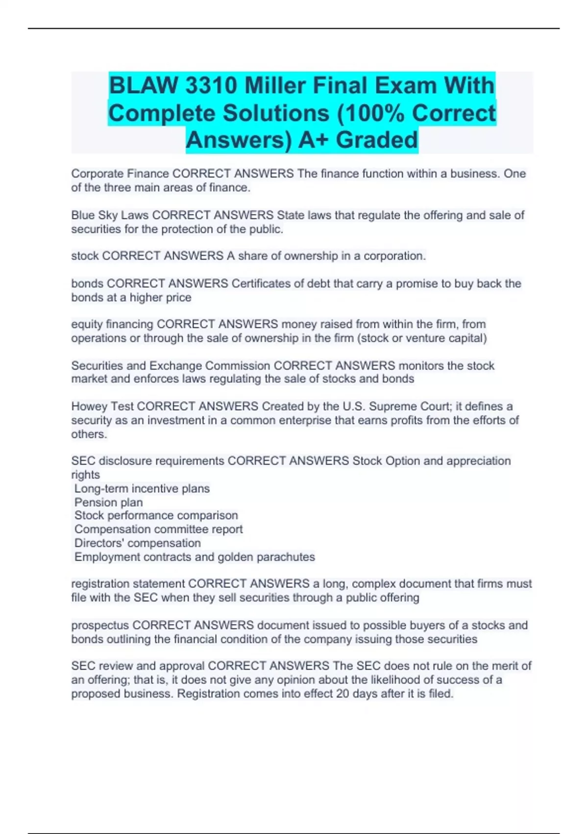 BLAW 3310 Miller Final Exam With Complete Solutions (100% Correct Answers) A+ Graded - BLAW 3310 ...