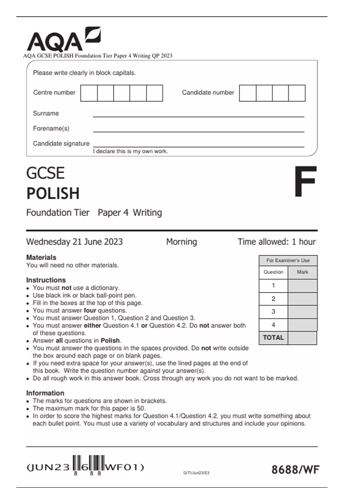 AQA GCSE POLISH 8688 Foundation Tier QP AND MS COMPLETE SET 2023 ...