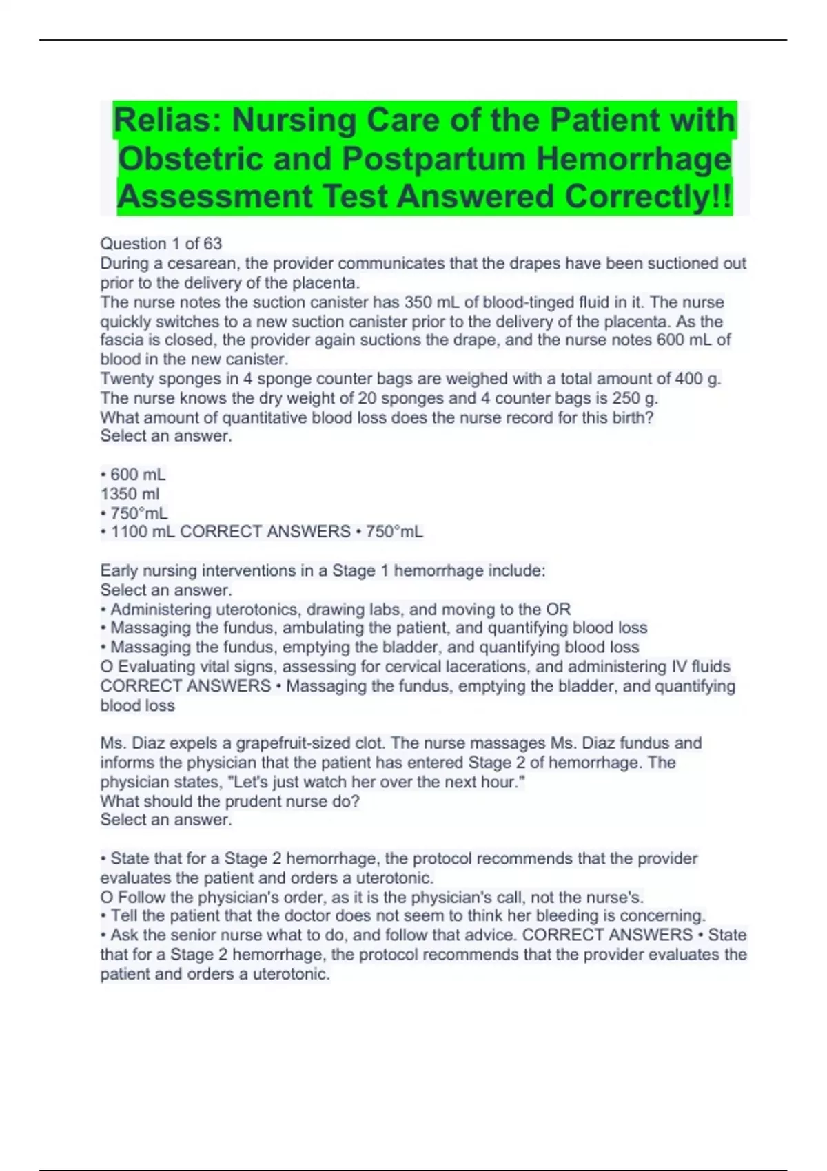 Relias: Nursing Care of the Patient with Obstetric and Postpartum ...