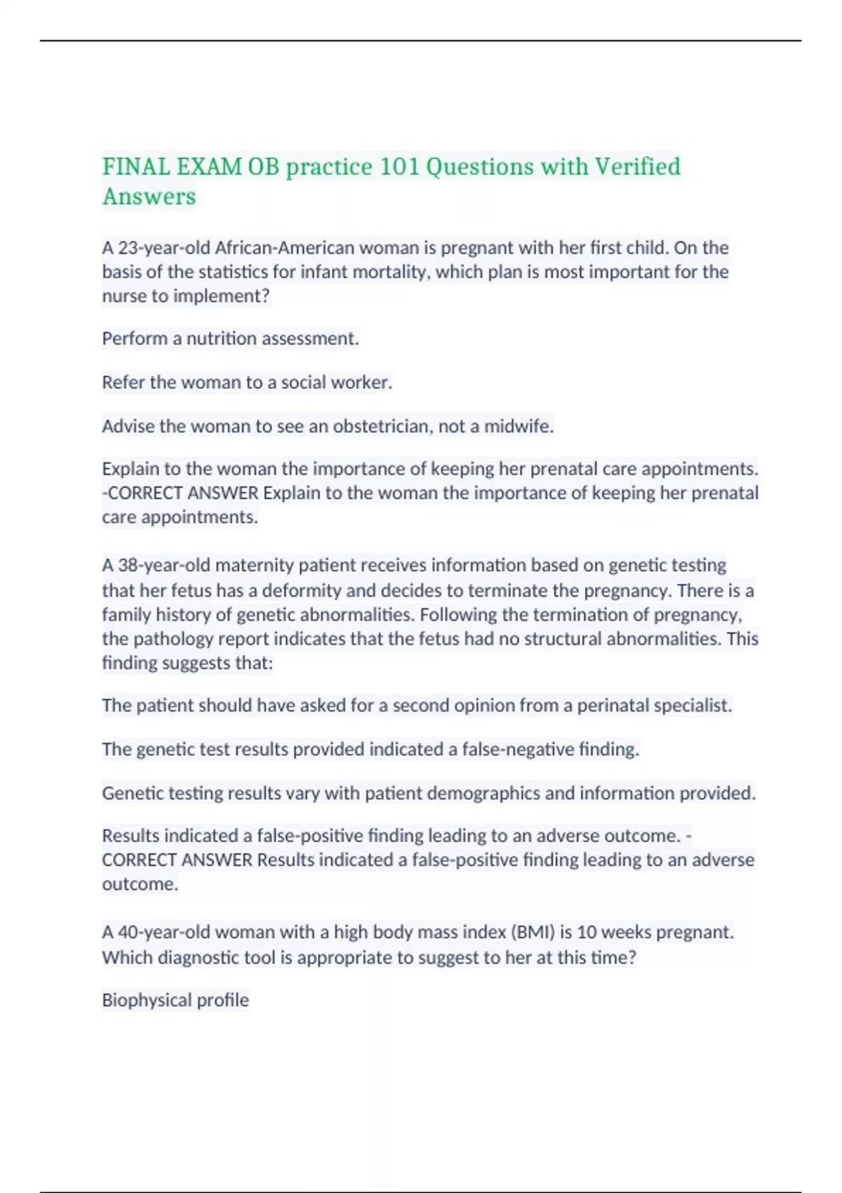 FINAL EXAM OB practice 101 Questions with Verified Answers,100% CORRECT ...