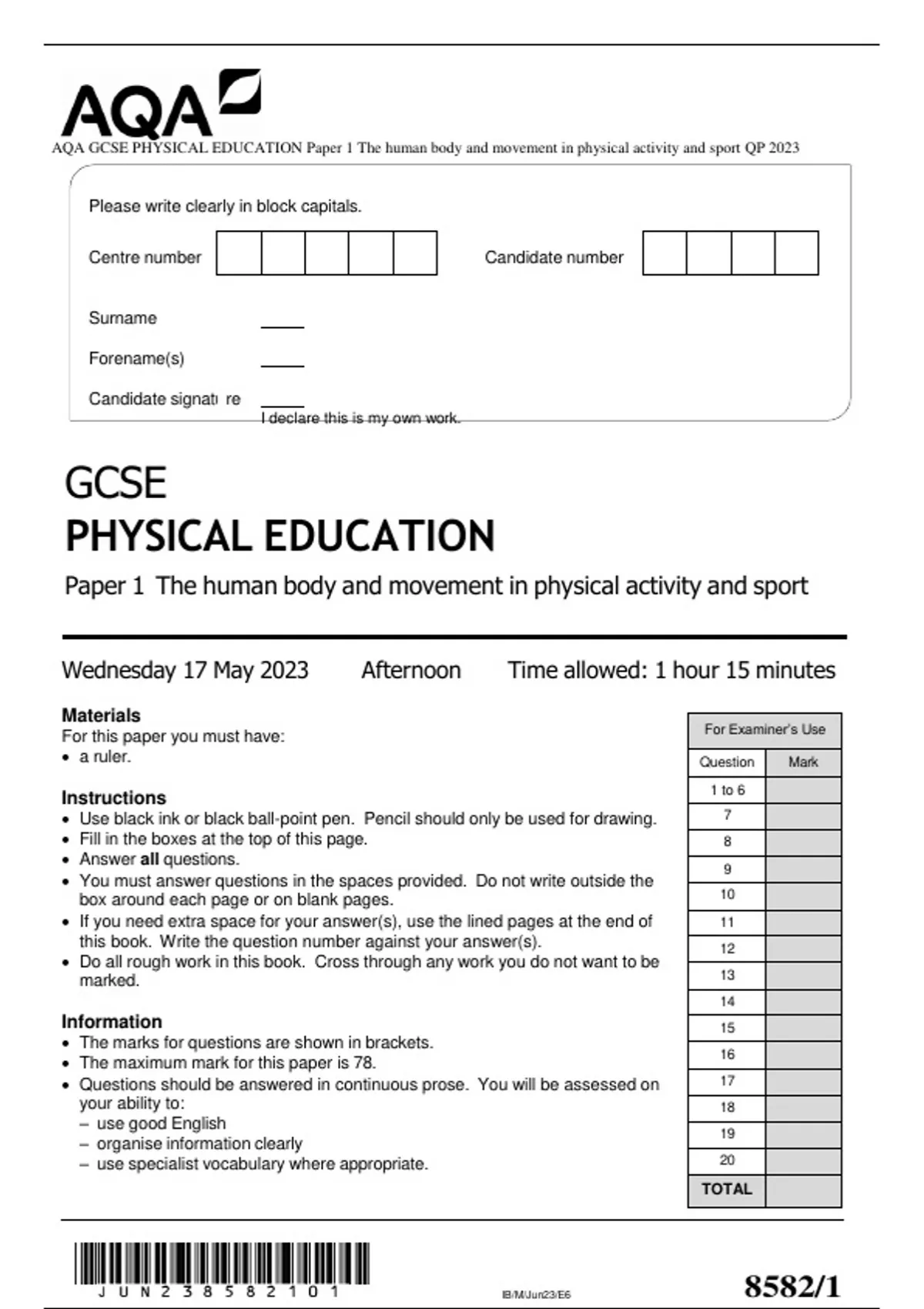 AQA GCSE PHYSICAL EDUCATION 8582 PAPER 1 AND 2 QP AND MS COMPLETE SET ...