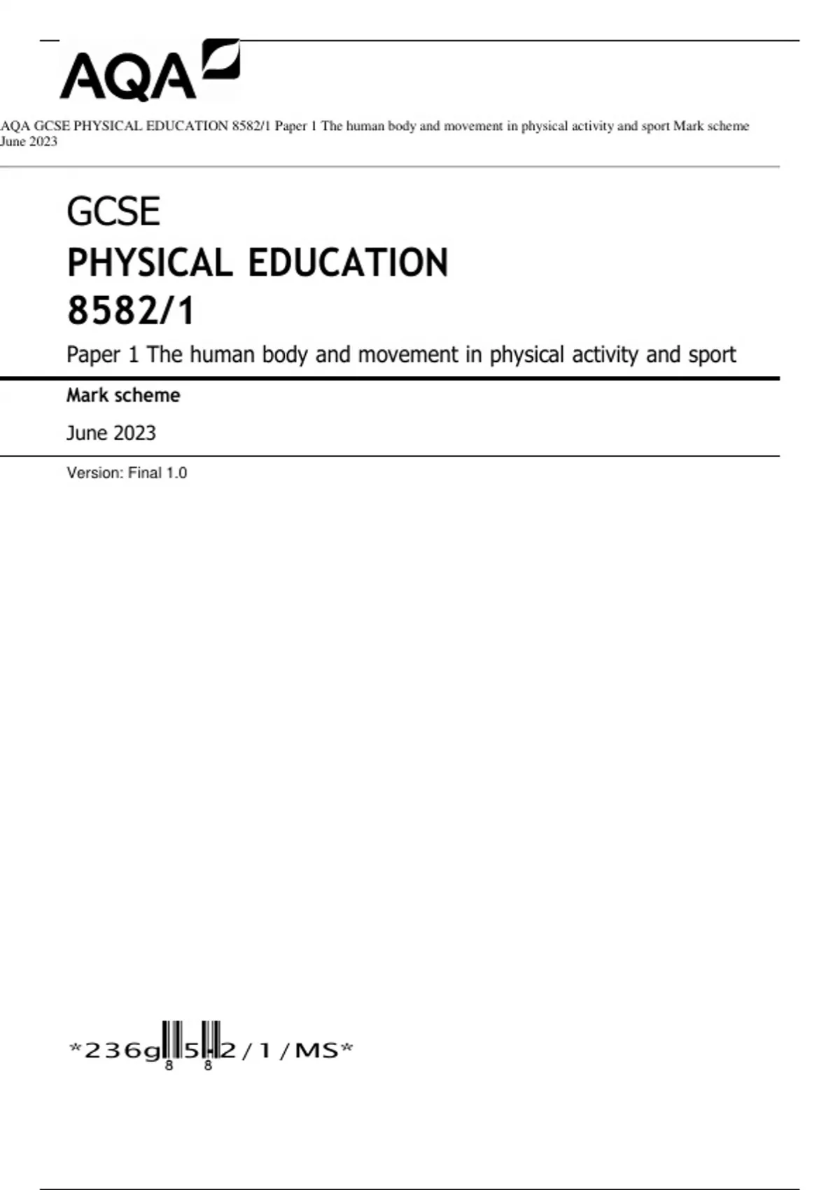 AQA GCSE PHYSICAL EDUCATION 8582/1 Paper 1 The human body and movement ...