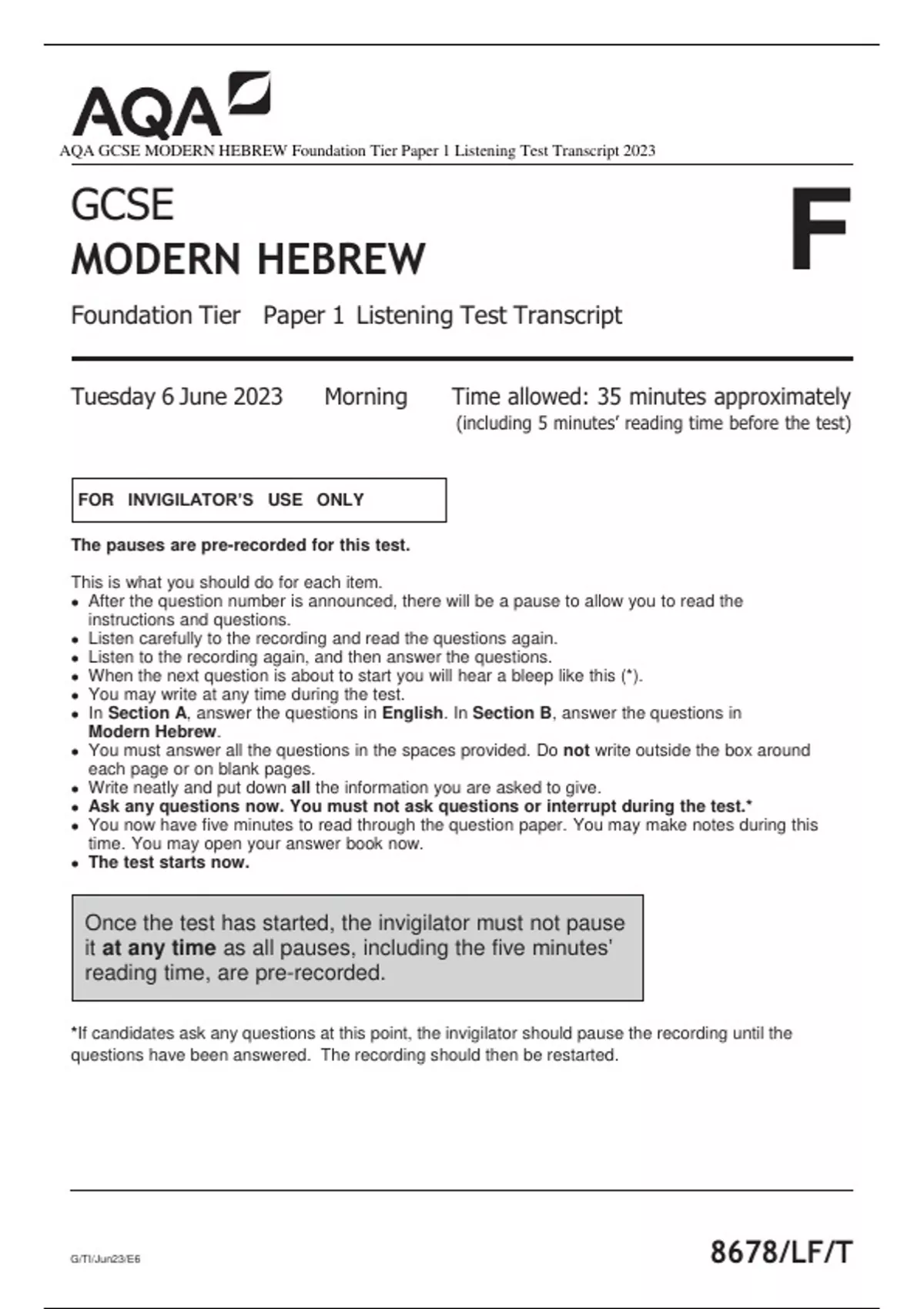 AQA GCSE MODERN HEBREW 8678 Foundation Tier QP AND MS COMPLETE SET 2023 ...