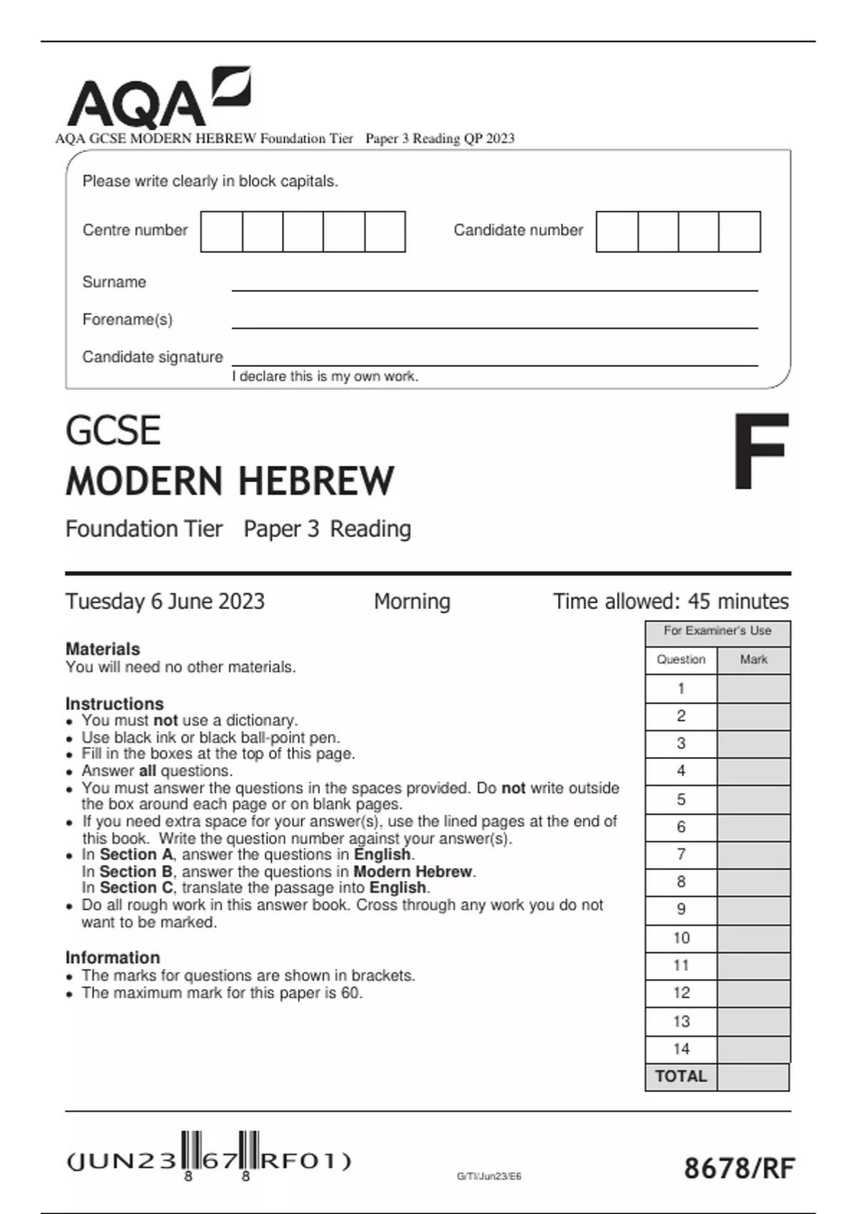 AQA GCSE MODERN HEBREW 8678/RF Paper 3 Reading Foundation Tier QP AND ...