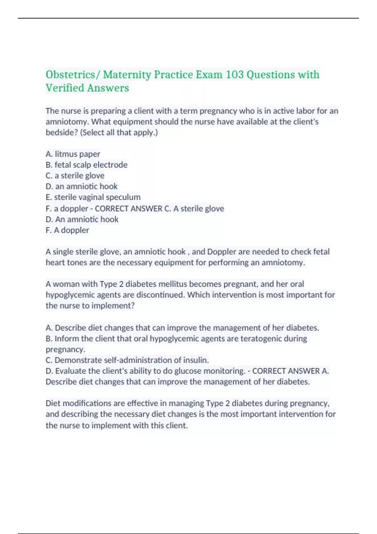 Obstetrics/ Maternity Practice Exam 103 Questions with Verified Answers,100% CORRECT ...
