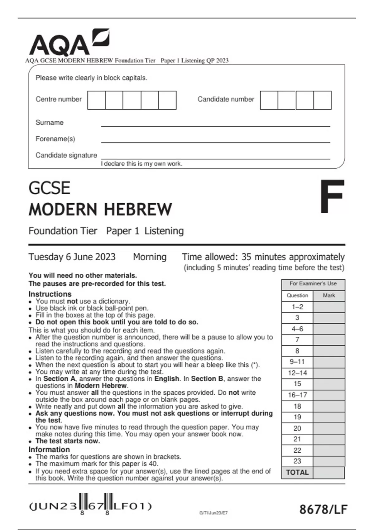 AQA GCSE MODERN HEBREW 8678/LF Paper 1 Listening Foundation Tier QP AND ...