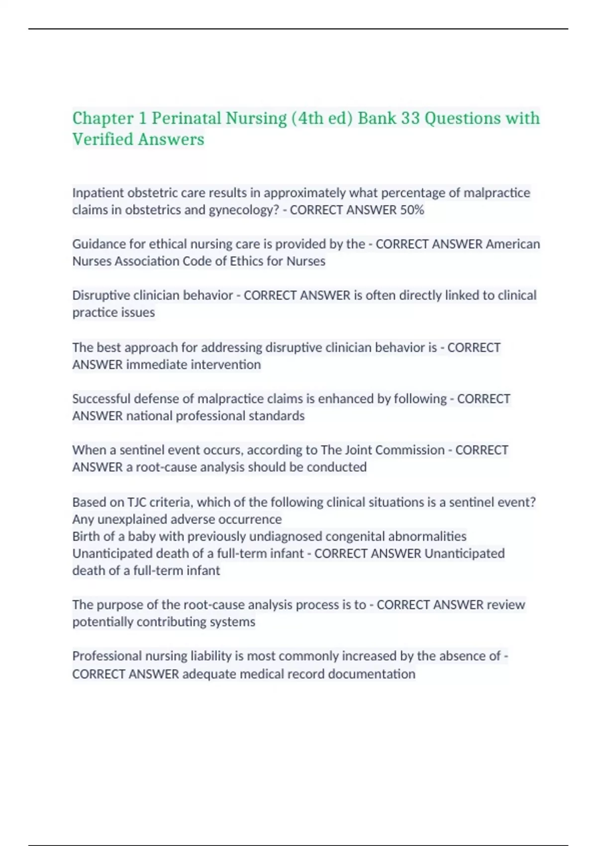 Chapter 1 Perinatal Nursing (4th ed) Bank 33 Questions with Verified ...