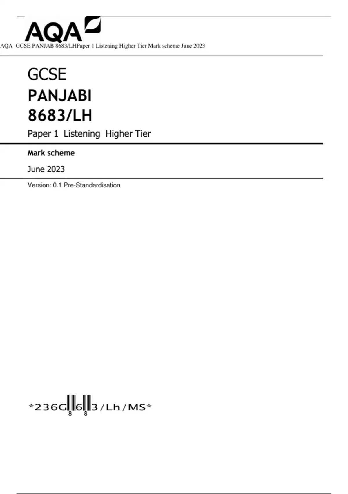 AQA GCSE PANJABI 8683/LH Paper 1 Listening Higher Tier Mark scheme June ...