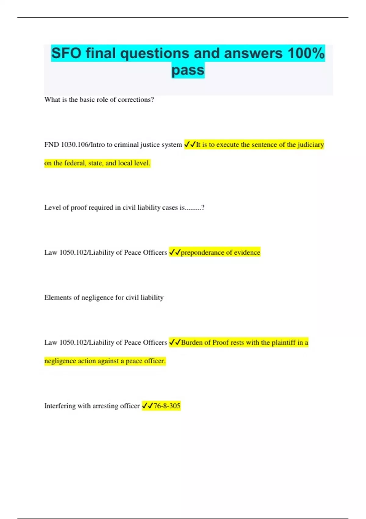 SFO final questions and answers 100% pass Rate - SFO - Stuvia US