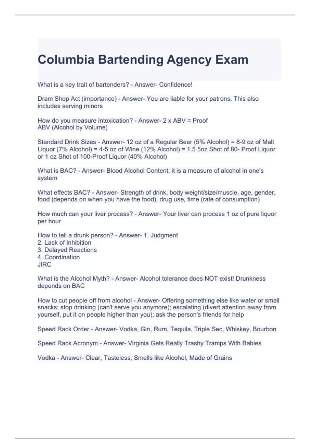 Columbia Bartending Agency Exam Questions and Answers - Columbia ...