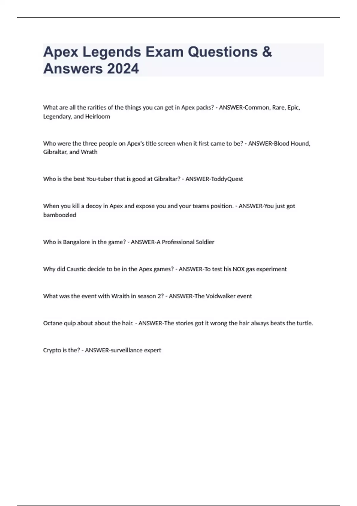 Apex Legends Exam Questions & Answers 2024 - Apex Legends - Stuvia US