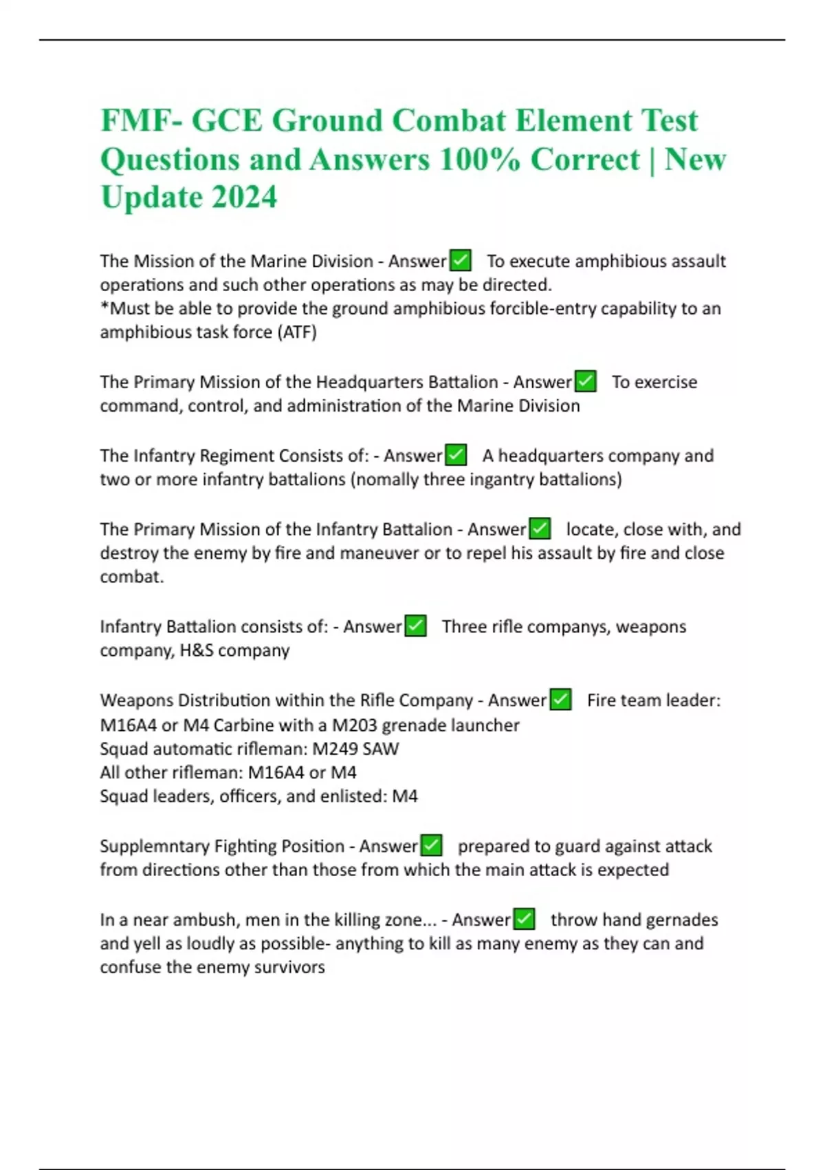 FMF- GCE Ground Combat Element Test Questions and Answers 100% Correct ...