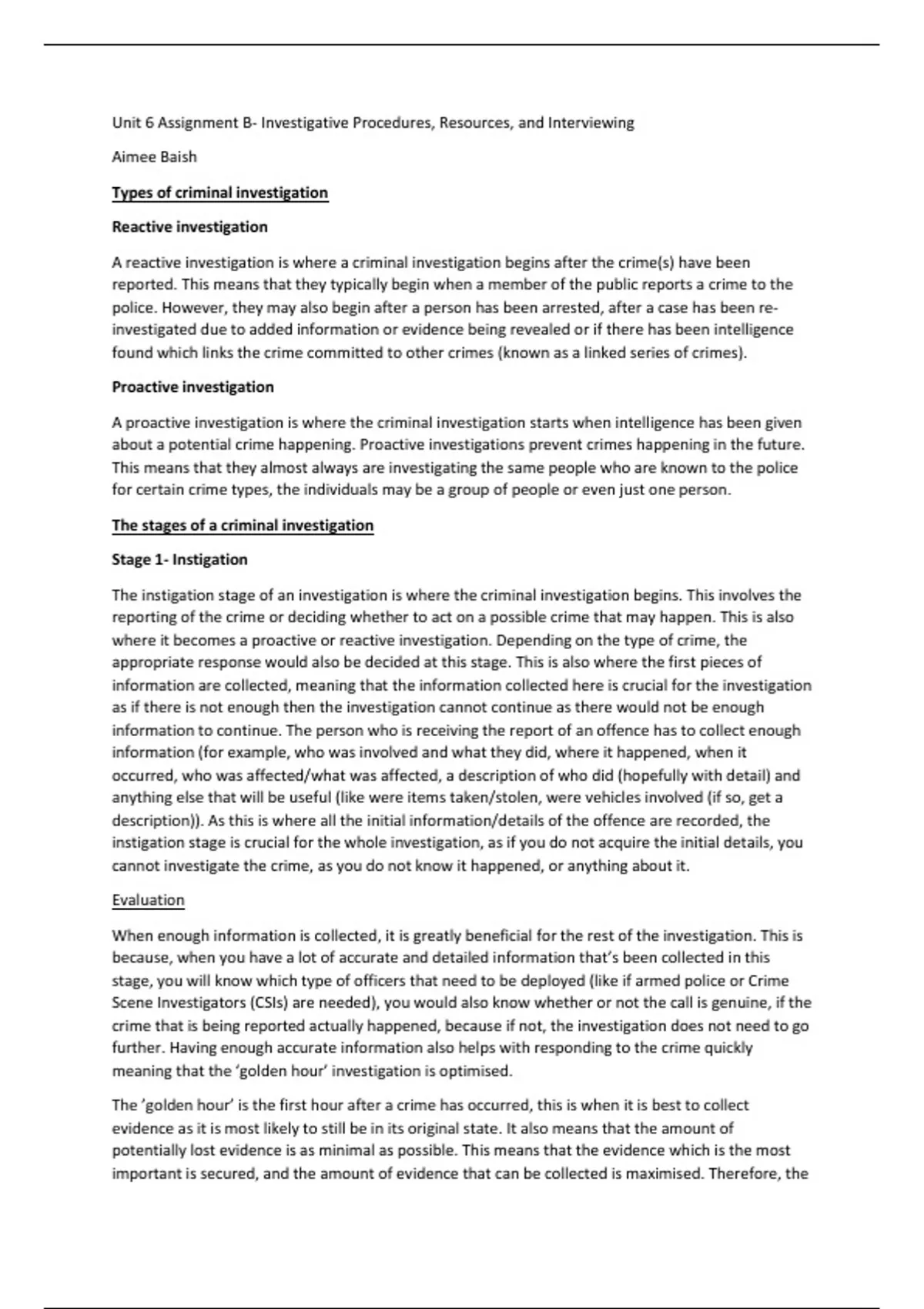 Assignment 2 Unit 6 Criminal Investigation Procedures In Practice Unit 6 Criminal