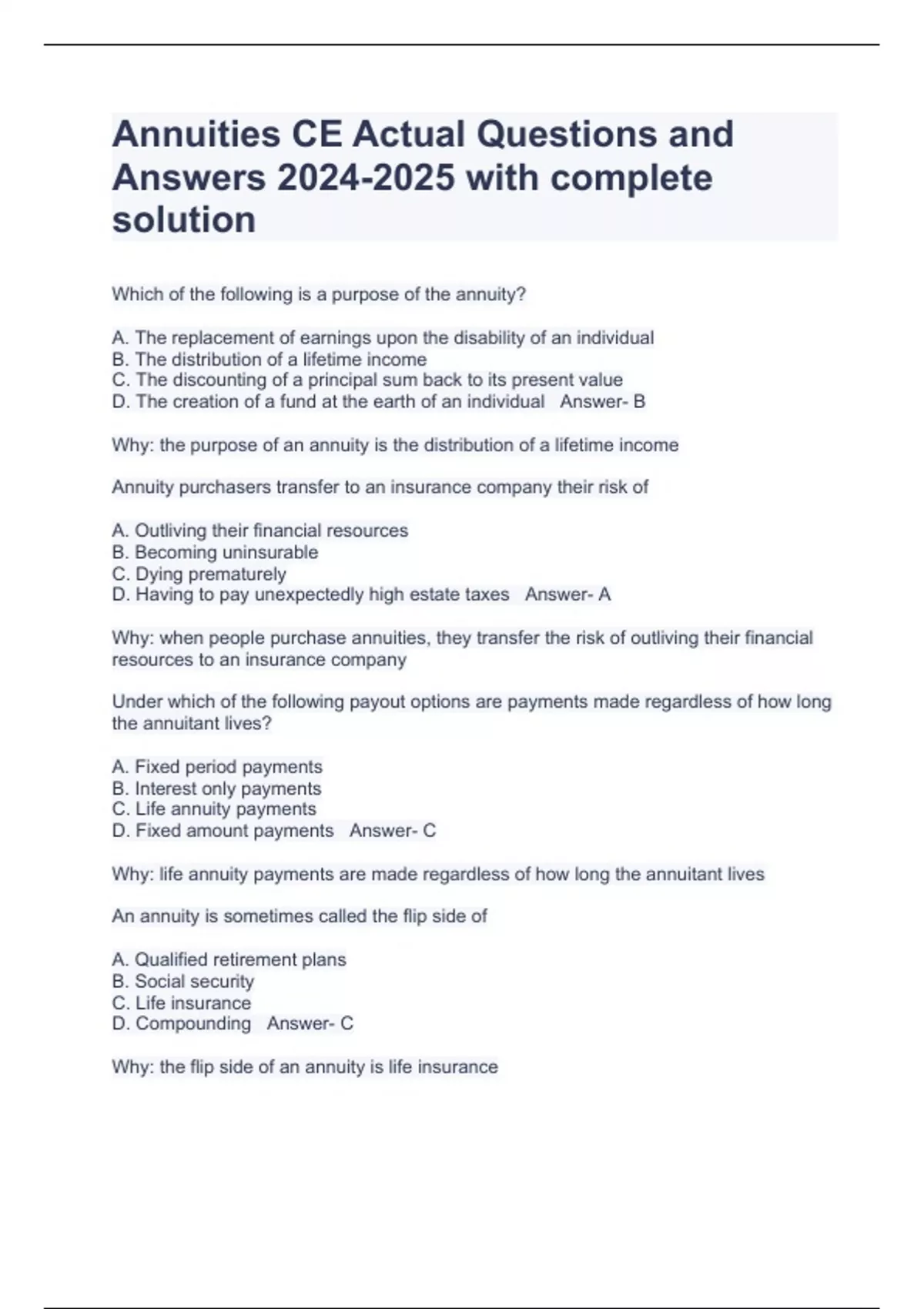 Annuities CE Actual Questions and Answers with complete solution ...