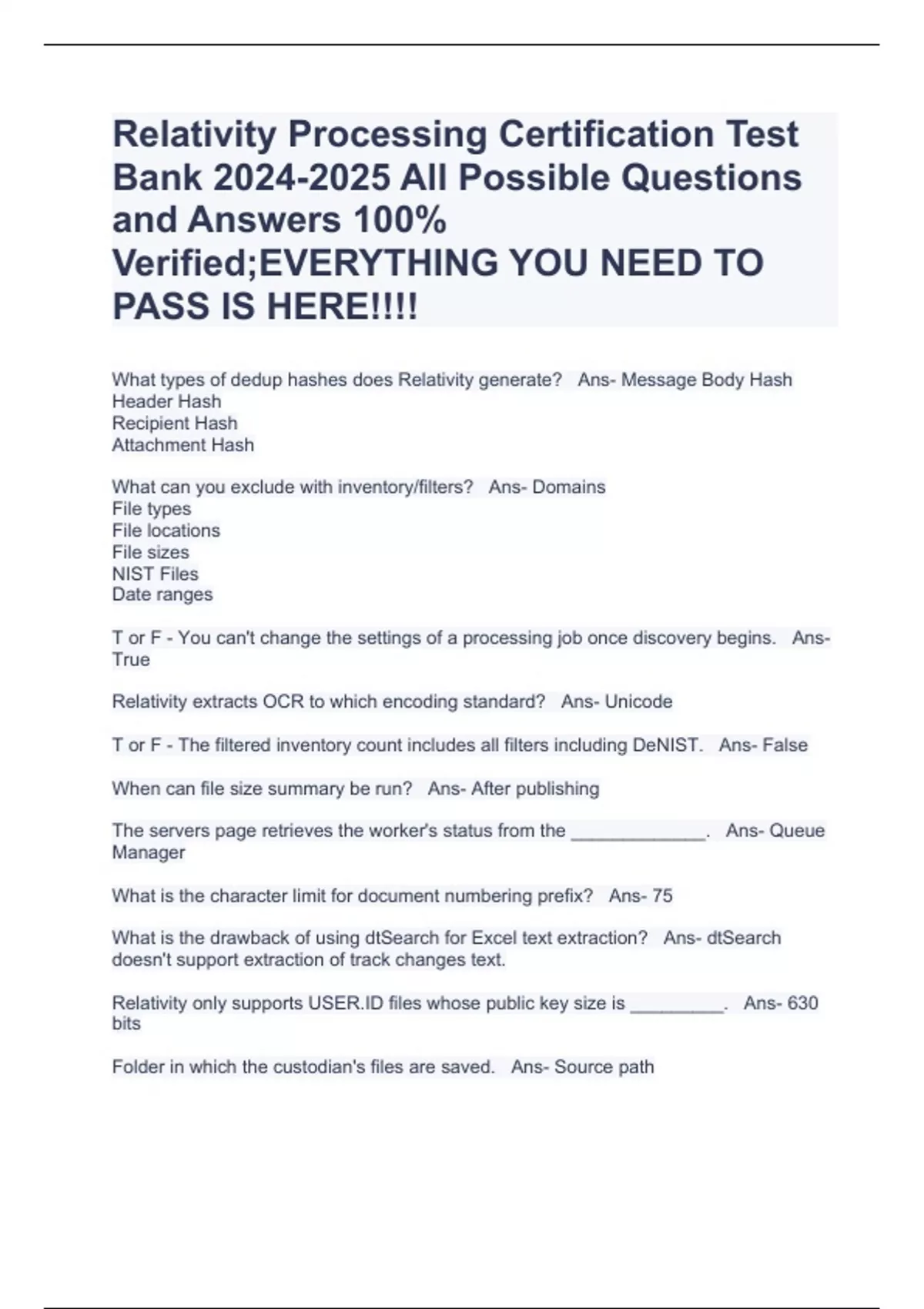 Relativity Processing Certification Test Bank All Possible Questions ...