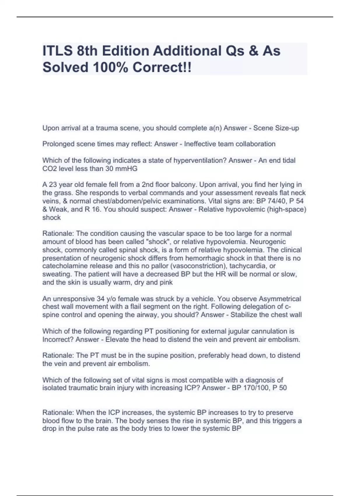 ITLS 8th Edition Additional Qs & As Solved 100% Correct!! - ITLS - Stuvia US