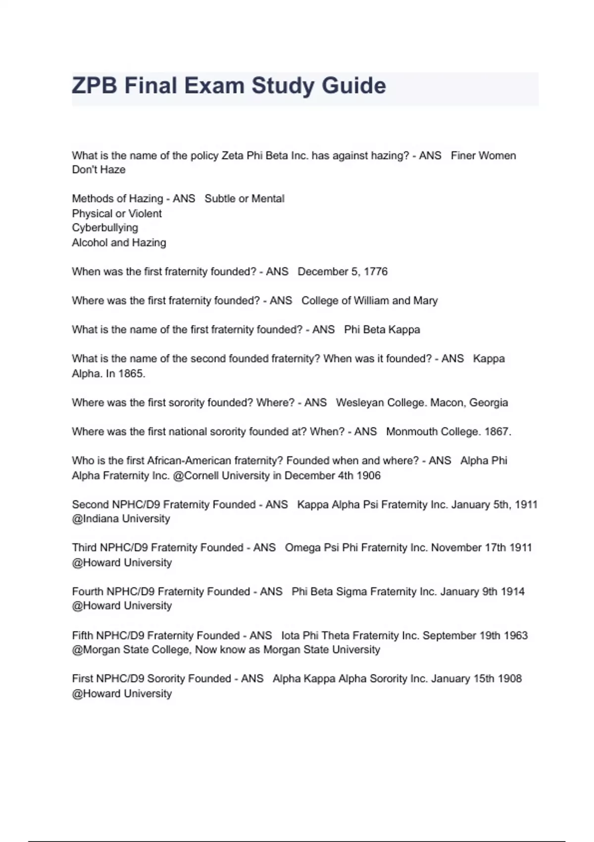 ZPB Final Exam Study Guide Verified By Experts - Zeta Phi Beta - Stuvia US