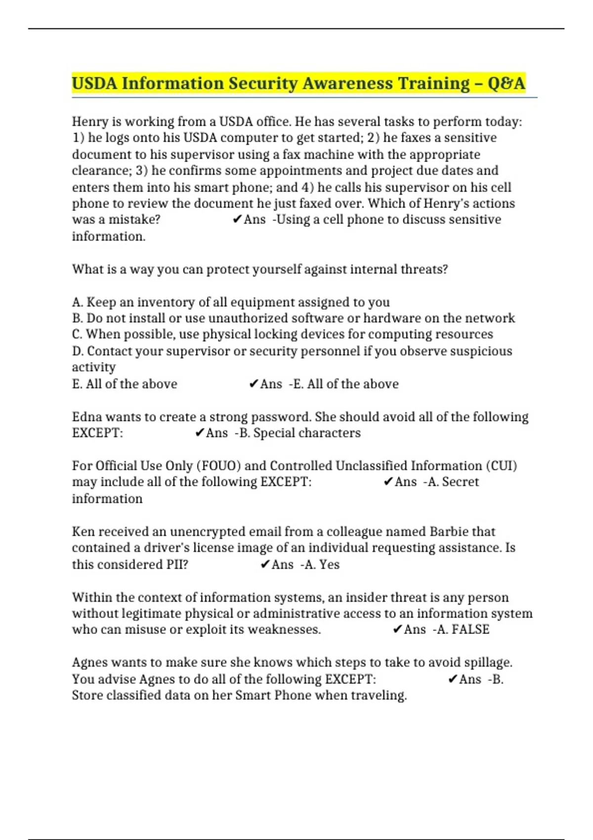 USDA Information Security Awareness Training – Q&A - USDA - Stuvia US