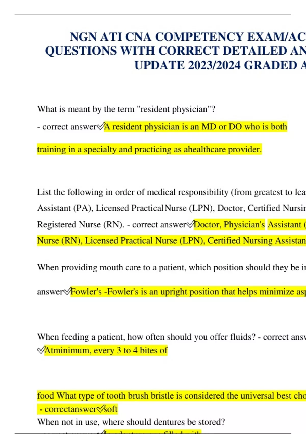 NGN ATI CNA COMPETENCY EXAM/ACTUAL EXAM QUESTIONS WITH CORRECT DETAILED ...