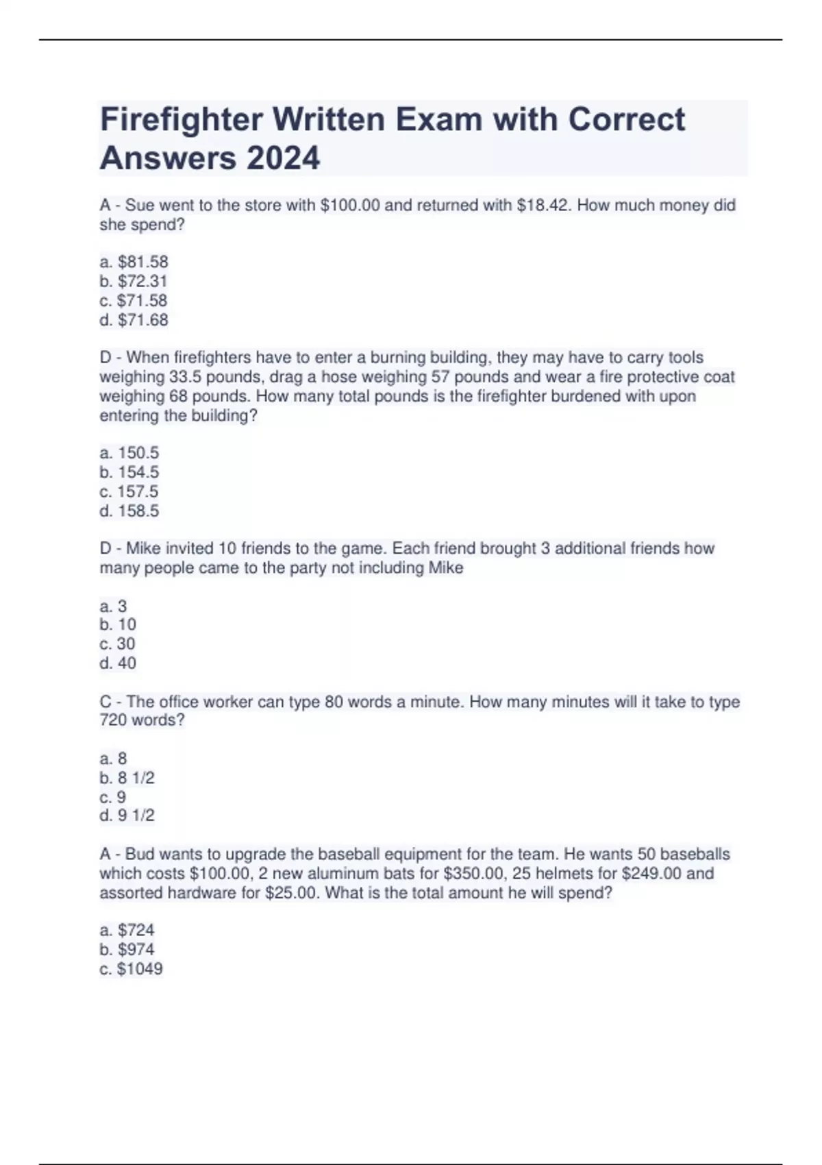 Firefighter Written Exam with Correct Answers 2024 - Firefighter ...